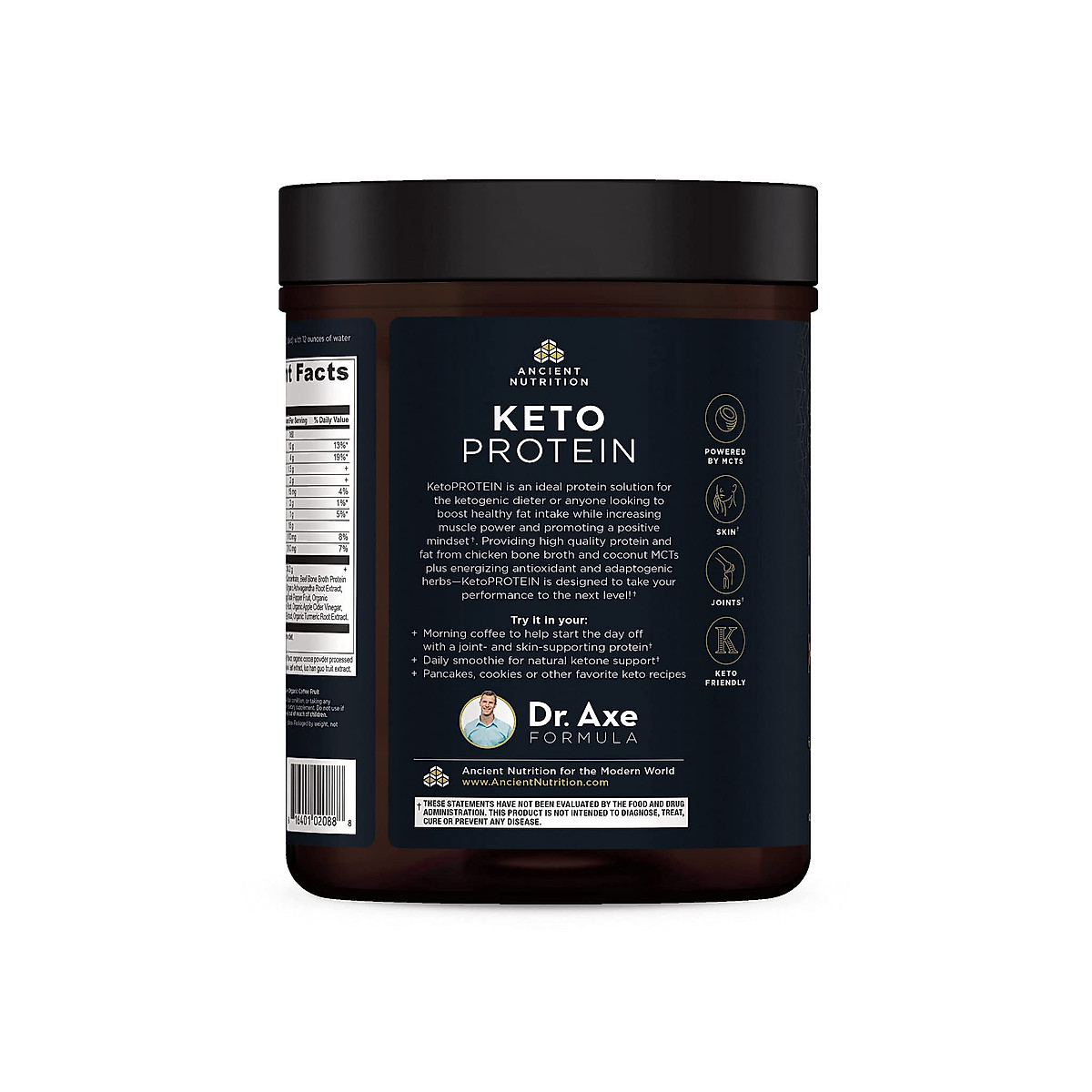 Ancient Nutrition Keto Protein Powder, KetoPROTEIN with Fats from Bone Broth and MCT Oil, Chocolate, 18g Protein 10g Fat Per Serving, Gluten Free, Low Carb, Paleo Friendly, 17 Servings