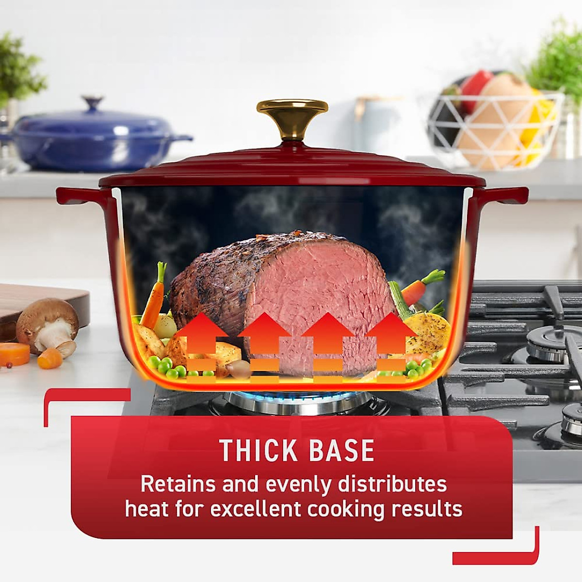 T-fal Cast Iron Enameled Dutch Oven 6 Quart Induction Oven Broiler Safe 500F Pots and Pans, Cookware Red