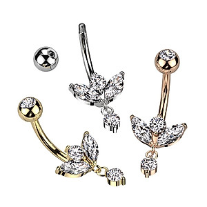 Pierced Owl 14GA 316L Stainless Steel CZ Crystal Marquise with Dangling Gem Belly Button Ring (Silver Tone)