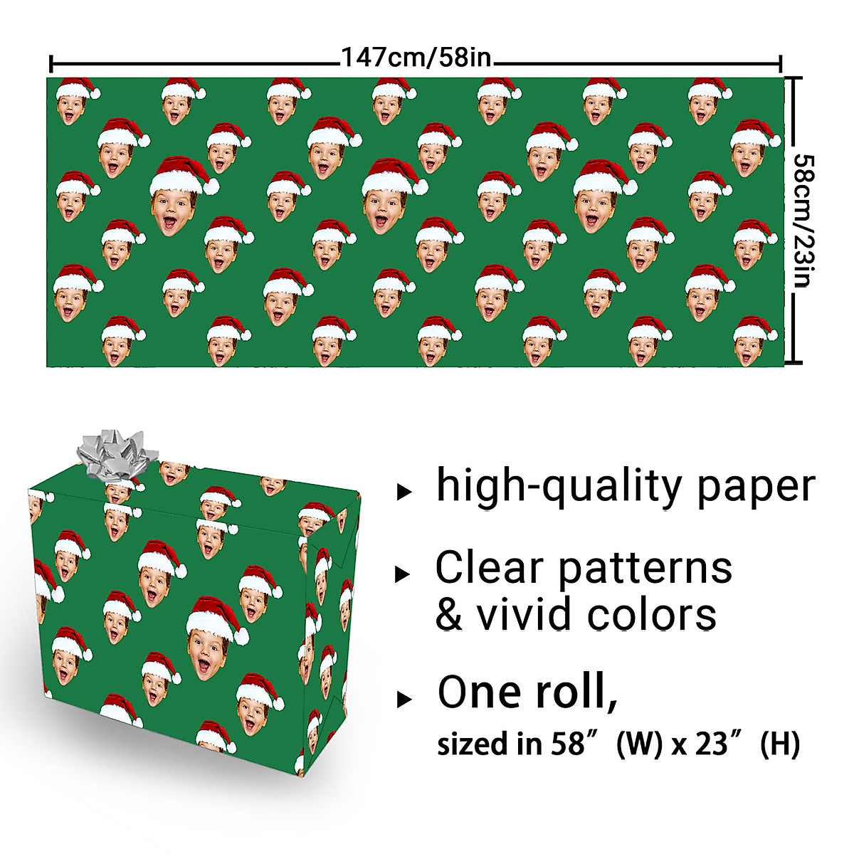 YESCUSTOM Personalized Gift Wrapping Green Paper for Kids Women Men Christmas,Custom Face Wrapping Paper, Gift Wrap Roll 58"x 23"