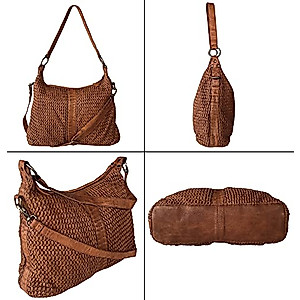 Leather Tote Bag for Women - Washed Leather Hand-Woven Shoulder Bag Hobo Crossbody Travel Handbag Ladies Purse Large Office Satchel