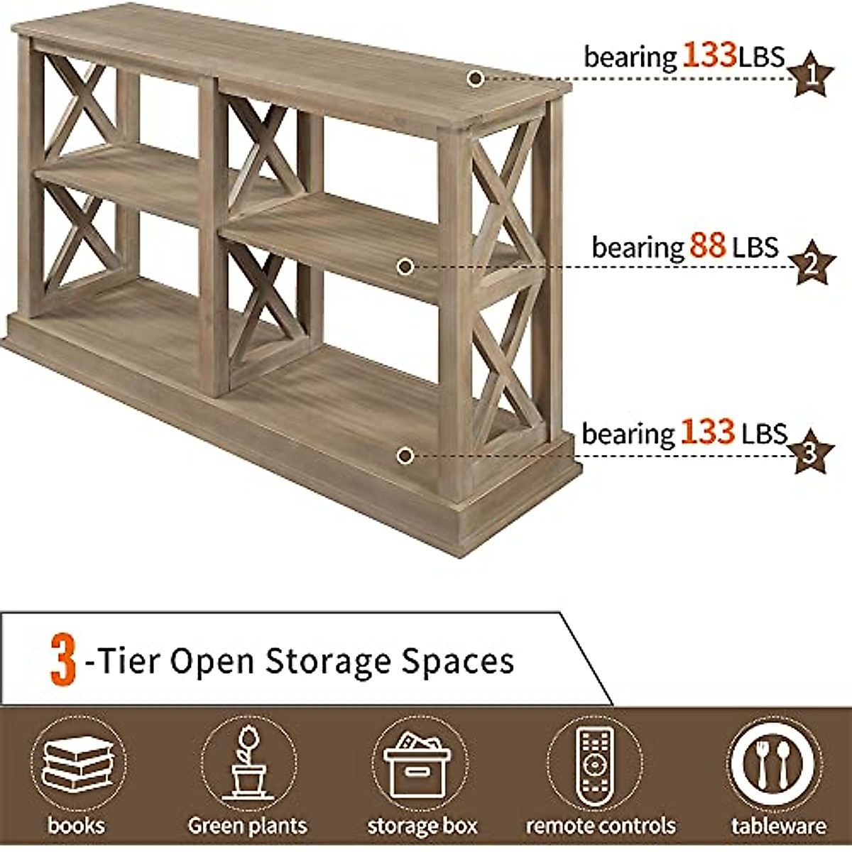 Livavege Console 3-Tier Open Storage, Narrow Sofa Entry Way w/Wood X-Shaped Frame, Entrance Tables for Small Space, Living Room, Entryway, Foyer, Hallway, Office, Natural