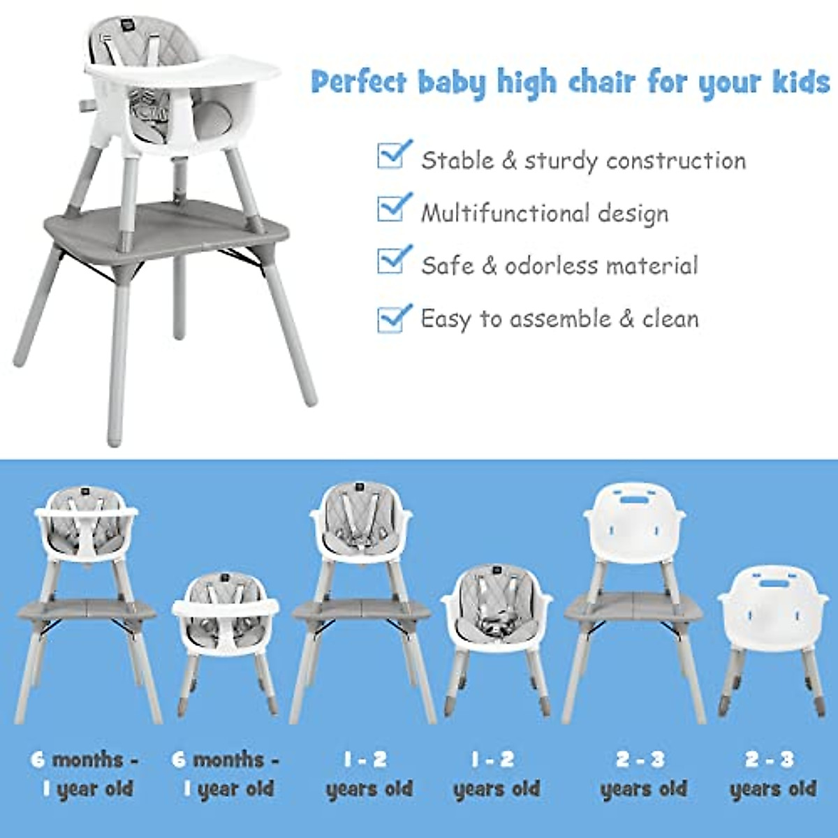 BABY JOY 5 in 1 Convertible High Chair, Infant Dining Chair Booster Seat with Removable Tray, 5-Point Harness, Detachable PU Leather Cushion, Highchair for Babies and Toddlers of 6-36 Months, Gray