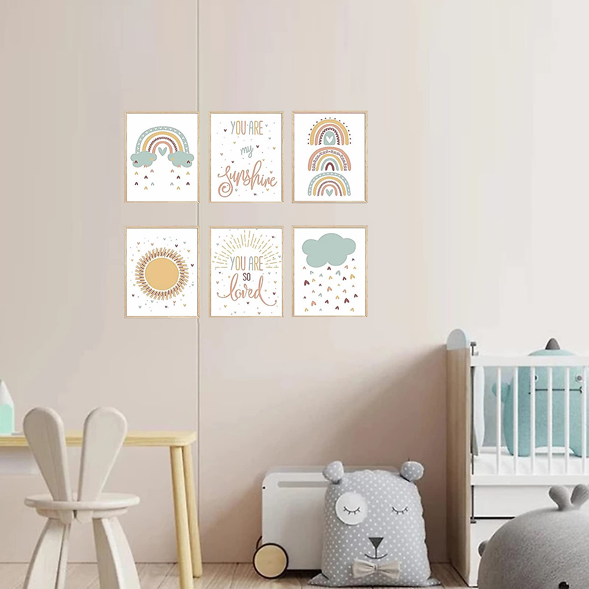 LLOSEUP Boho Nursery Wall Art Prints Rainbow Weather Wall Decor Set of 6 Unframed Heart Rain You Are My Sunshine Inspirational Wall Decoration for Boy Girl Child Room Playroom Bedroom 8x10 Inch
