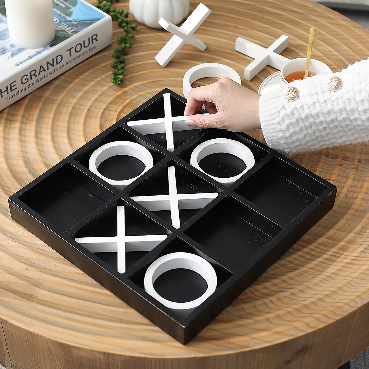 FUIN Wood Tic Tac Toe Decorative Board Game Set for Coffee Table Decor, 14" x 14", Black and White