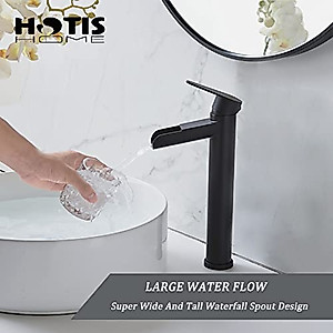 HOTIS Vessel Sink Faucet, Matte Black Waterfall Bathroom Faucet, Tall Body Single Hole Single Handle Bathroom Faucet, Bathroom Sink Faucet with Pop Up Drain and 3/8" Hoses Supply Line