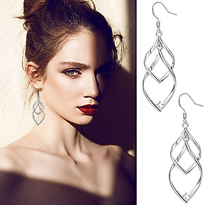 Met-edianger Silver Statement Dangle Earrings Linear Swirl Wire Earrings Twist Drop Earring Infinity Earrings for Women (Silver Dangle Earrings)