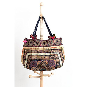 changnoi Hill Tribe Tote Bag Hmong Embroidered Fabric Large Size Thai Fair Trade (Diamond Mocha)