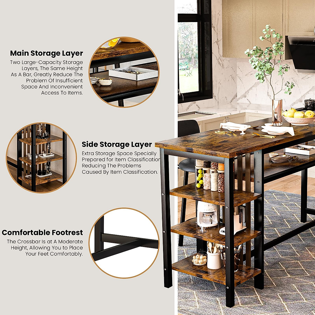 DKLGG 47" Bar Table and Chair Set, Small Kitchen Counter Dining Table Set for 2, 3 Piece Bar Height Table with 2 Stools & Storage, Pub Table Dining Set for Breakfast Nook, Small Space