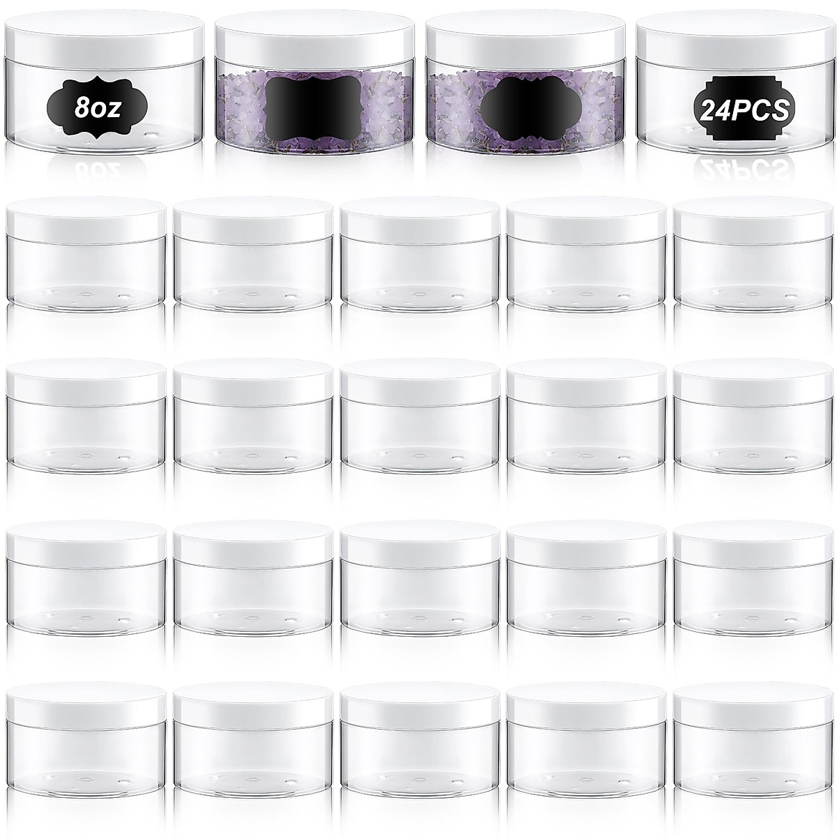 Dandat 24 Pcs Plastic Jars with Lid and Label PET Cosmetic Containers Leak Proof Empty Cosmetic Jars Refillable Storage Travel Containers for Lotion Cream Gel Powder(8 oz,Clear with White Lid)