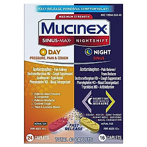 Mucinex Sinus-Max Day Pressure, Pain & Cough & Nightshift Night Sinus Medicine for Adults, Day/Night Combo Pack for Sore Throat Relief, Nasal Congestion Relief, Cough & Cold Medicines, 40 Caplets