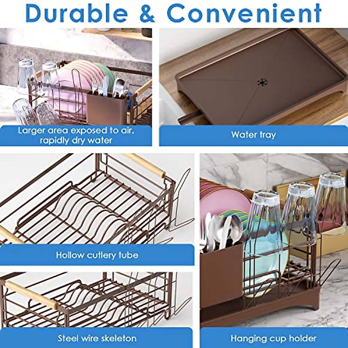 G-TING Dish Drying Rack, Dish Rack for Kitchen Counter, Rust-Proof Iron Dish Drainer with Drying Board and Utensil Holder for Kitchen Counter Cabinet, 16.6” L× 12.6”W× 7.8”H, Coffee Brown