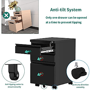 3 Drawer Mobile File Cabinet with Lock, Under Desk Metal Filing Cabinet for Legal/Letter/A4 File, Fully Assembled Except Wheels, Black