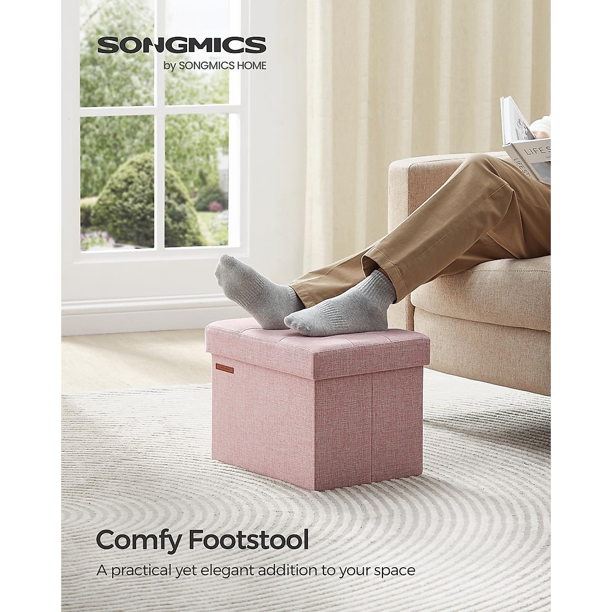 SONGMICS Small Folding Storage Ottoman, Foot Rest Stool, 12.2 x 16.1 x 12.2 Inches, 286 lb Load Capacity, for Living Room, Bedroom, Home Office, Dorm, Jelly Pink ULSF102R01