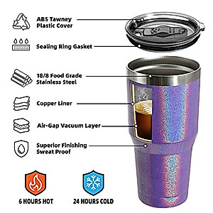 Zibtes 30oz Insulated Tumbler With Lid and Straws, Stainless Steel Double Vacuum Coffee Tumbler Cup, Powder Coated Travel Mug for Home, Office, Travel, Party (Glitter Purple 1 pack)