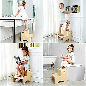 HAJACK Step Stool for Kids, Wood Two Step Children's Stool with Bonus Safety Non-Slip Mats and Handles, Bathroom Potty Stool& Kitchen Step Stool for Home Use (Natural)