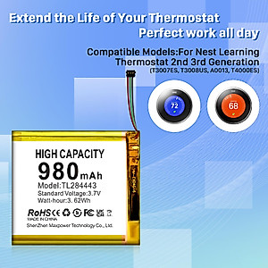 KOOAQQ TL284443 Battery, 980mAh Ultra High Capacity Li-Polymer Battery Replacement Compatible with Nest Learning Thermostat 2nd 3rd Generation, T3007ES, T3008US, T4000ES, A0013 with Repair Tools
