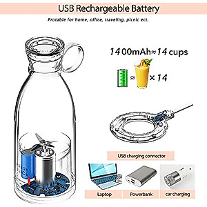 Personal Size Blender, Portable Blender, Battery Powered USB Blender, with Four Blades, Mini Blender Travel Bottle for Juice, Shakes, and Smoothies (Pink)