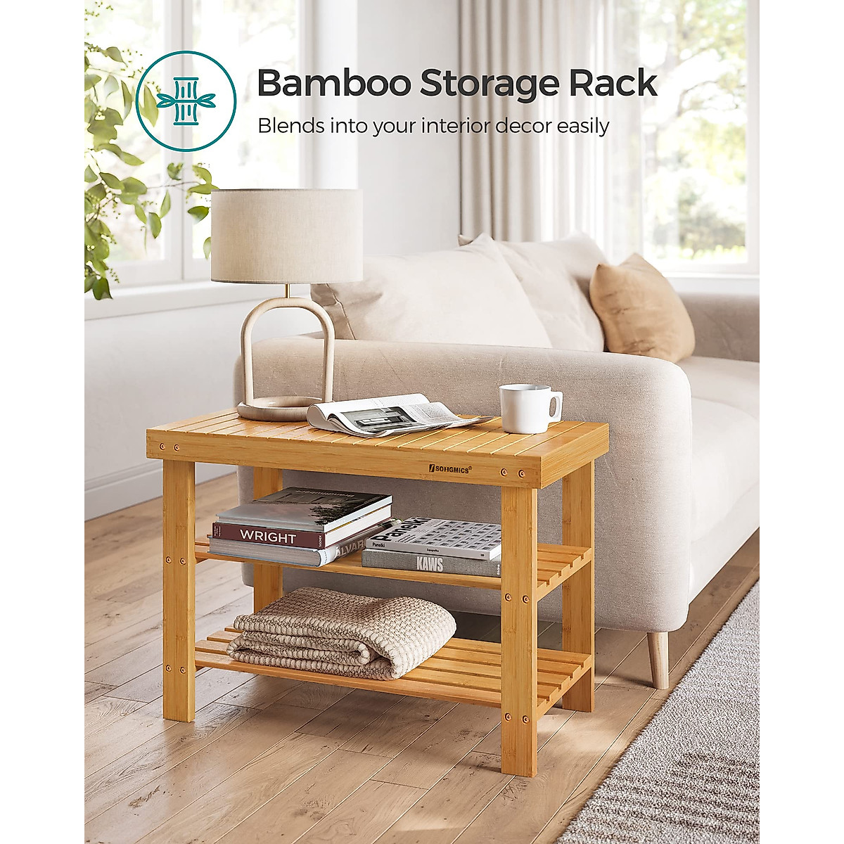 SONGMICS Shoe Rack Bench, 3-Tier Bamboo Shoe Storage Organizer, Entryway Bench, Holds Up to 286 lb, 11.3 x 27.6 x 17.8 Inches, for Entryway Bathroom Bedroom, Natural ULBS04N