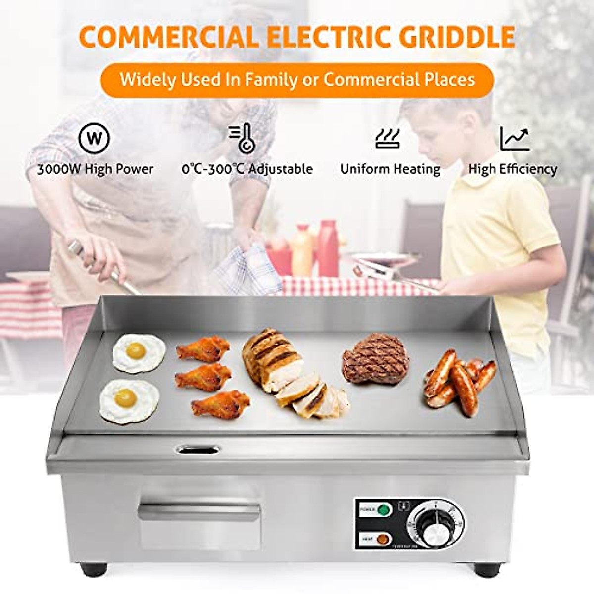WICHEMI 22" Electric Griddle Grill Commercial Countertop Griddle Flat Top Grill Hot Plate Non-Stick Stainless Steel Teppanyaki Grill for Restaurant Kitchen, 110V 3000W