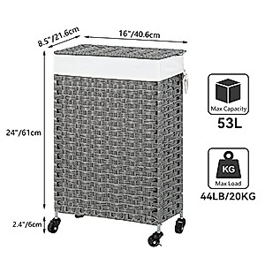 Chrislley 53L Slim Handwoven Rattan Laundry Hamper with Lid Rolling Laundry Basket with Removable Liner Bags Foldable Hampers with Wheels（Grey）