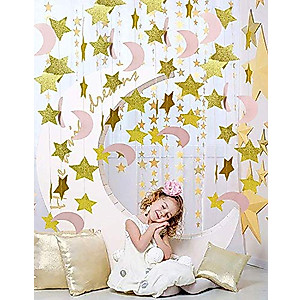 Moon and Stars Garland 2PCS Glitter Gold Twinkle Stars Pink Crescent Paper Garlands Hanging Decorations Girl Birthday Party Decorations Girl Baby Shower Decorations Pink Gold Nursery Room Decorations
