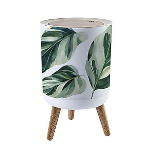 Small Trash Can with Lid for Bathroom Kitchen Office Diaper Set tropical leaves white background watercolor wrapping textile Bedroom Garbage Trash Bin Dog Proof Waste Basket Cute Decorative