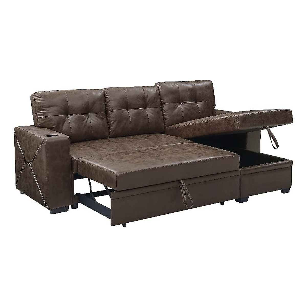 Pemberly Row 85" Wide Easy Pull Out Faux Leather Convertible Sectional Sofa with Cup Holders in Dark Brown