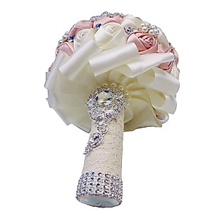 Abbie Home 8 Inches Bride Wedding Bouquet - Satin Roses with Pearls Rhinestone Brooches Accessories (Blush Pink & Creamy White)