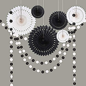 Black White Party Decorations for Halloween Theme Birthday Decor Hanging Pom Pom Fan Garland Decoration Streamer Banner Backdrop Wedding Bridal Baby Shower Bachelorette Hen Party supplies