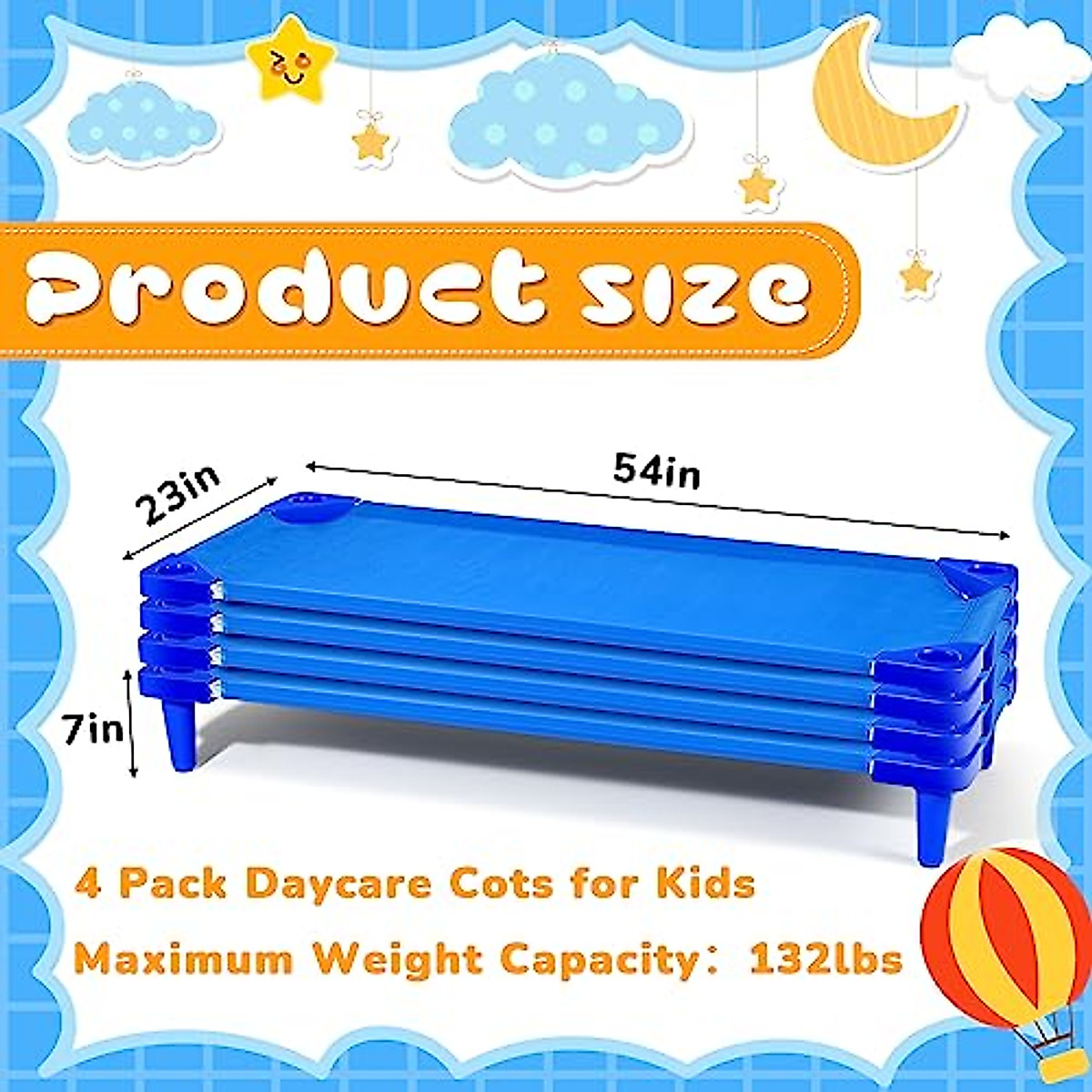 Geetery 4PCS Stackable Daycare Cot for Kid 54" L x 23" W Portable Toddler Nap Cot for Sleeping Preschool Classroom Daycare Bed Furniture, Ready to Assemble for Sleep, Back to School (Blue)