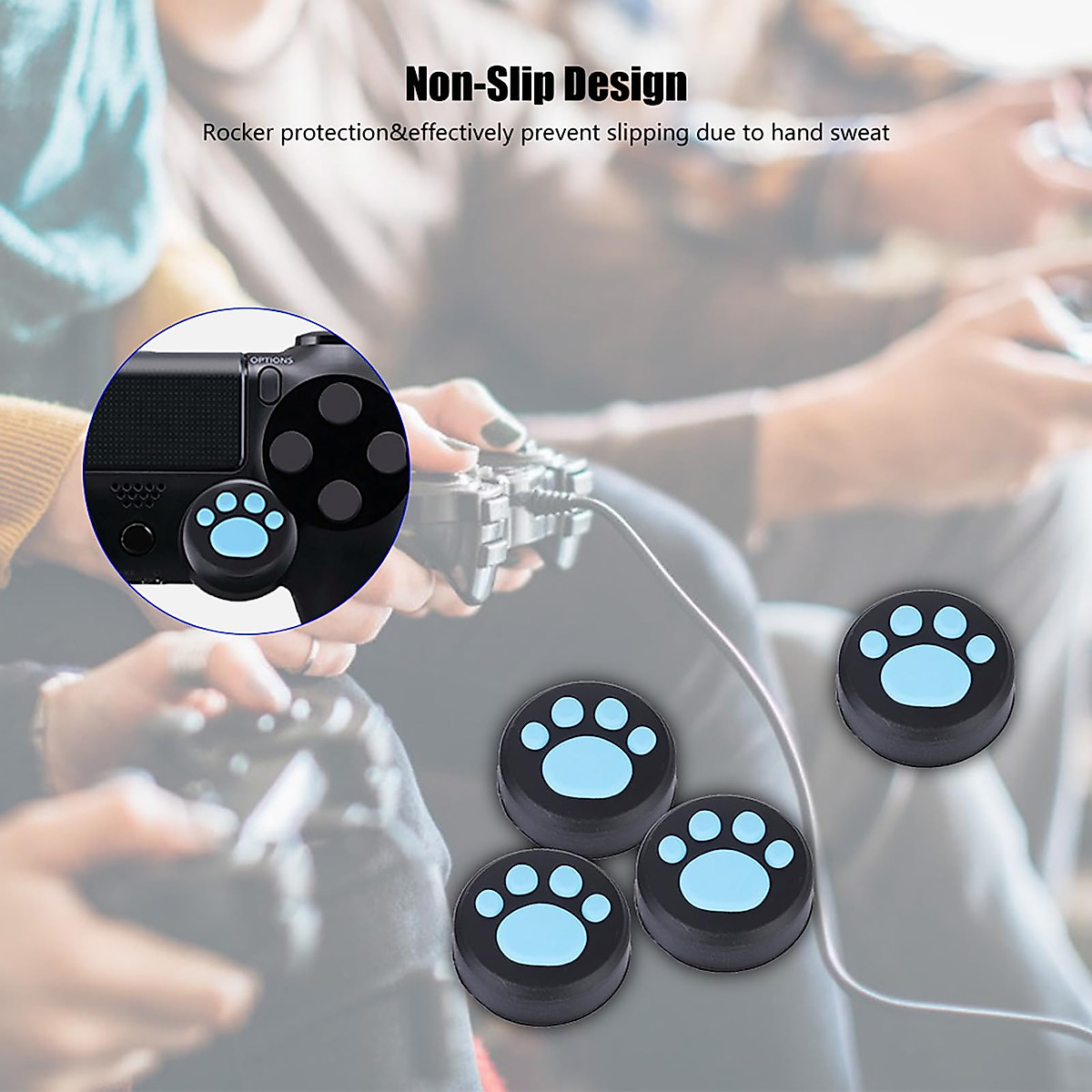 Hakeeta 4 PCS Replacement Cute Cat's Paw Silicone Controller Joystick for PS3/PS4 Thumb Stick Joystick Grips for Switch Pro/PS4/PS3/ONE/360 Handle 4 Colors (Blue)