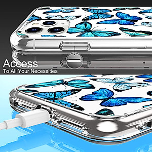 LUHOURI Designed for iPhone 11 Pro Max Case with Screen Protector - Slim Fit, Sturdy Clear Acrylic Cover for Women and Girls - Protective Phone Case 6.5" - Floral Blue Butterflies