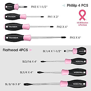 WORKPRO Magnetic Screwdrivers Set, 8-piece Pink Hand tools for Womens, Includes Philips, Flathead, Slotted, Stubby Screwdrivers with Organizer Rack - Pink Ribbon