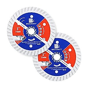 BRSCHNITT Diamond Blade for Concrete Masonry,2pcs 3 Inch (75mm) with Arbor 3/8-Inch (10mm) Dry/Wet Continuous Rim Diamond Cutting Disc for Granite Marble Stone Hard Concrete Reinforced Concrete