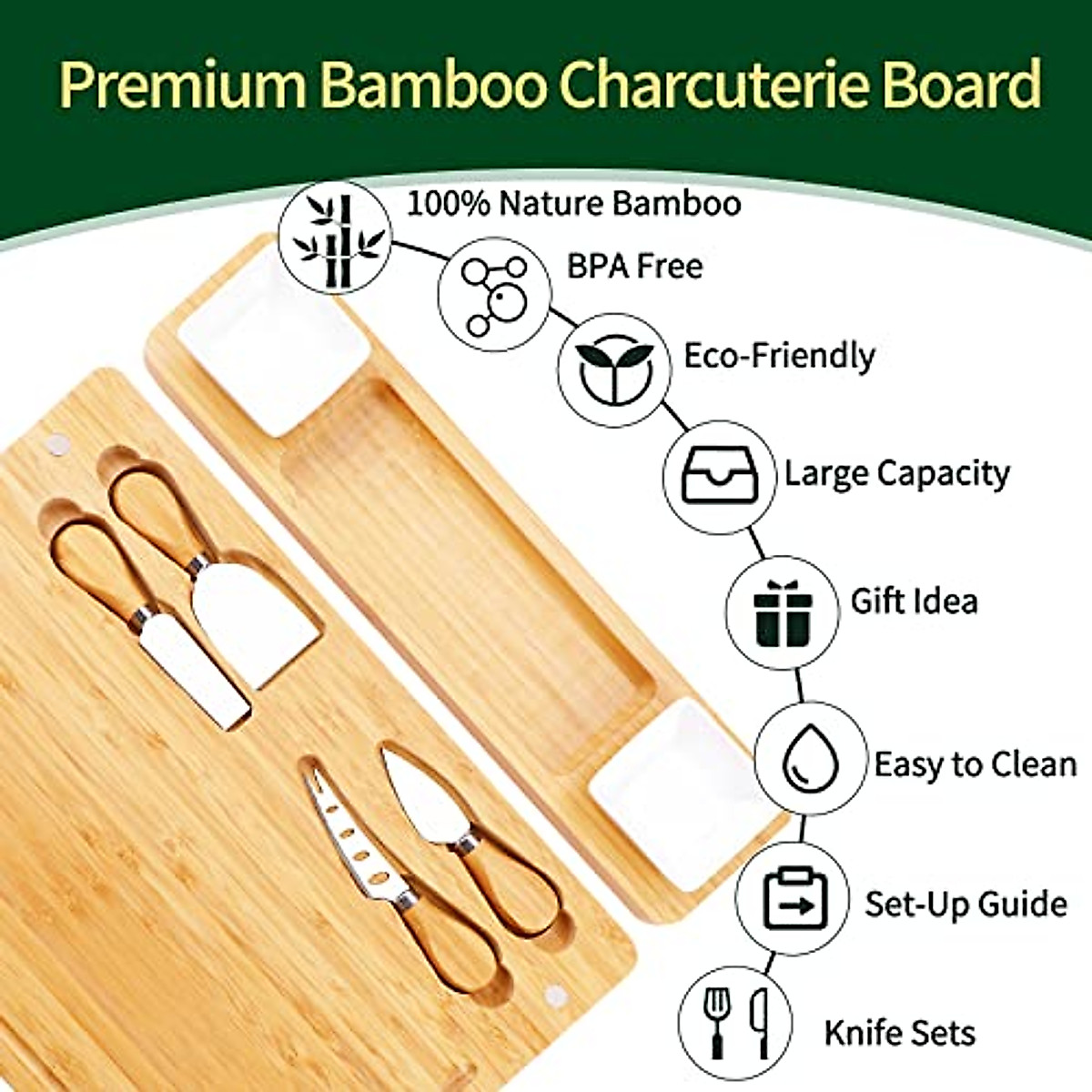 Large Charcuterie Boards and Knife Set - Bamboo Cheese Board - Wine Meat Cheese Tray Platter - Unique Housewarming Gifts, Anniversary Wedding Gifts for Couple, Bridal Shower Gift