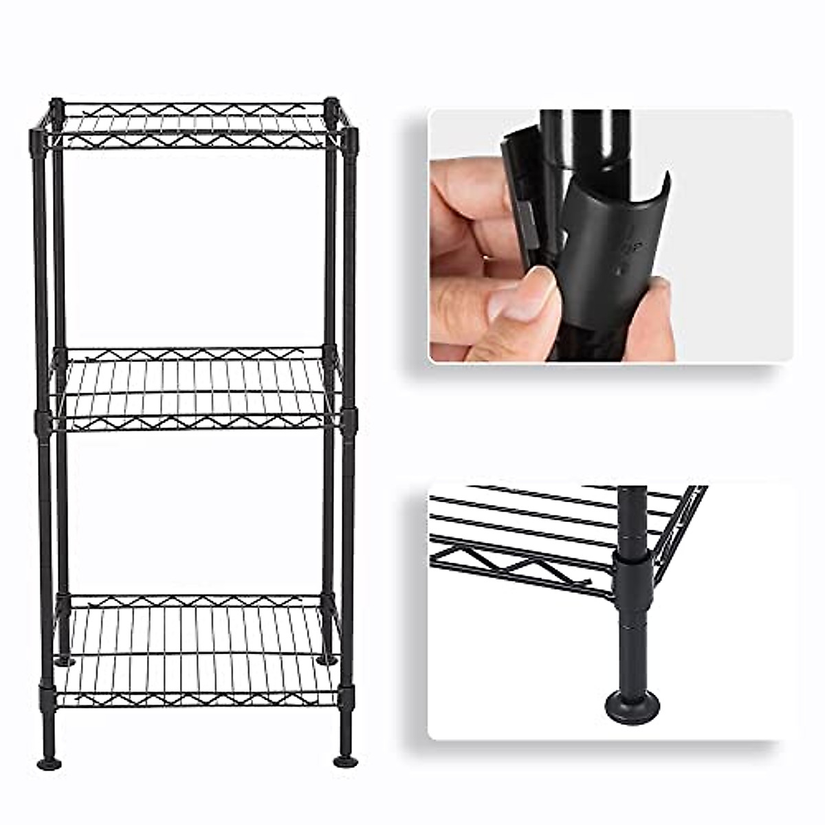 Storage Rack 3 Tier Black Wire Shelving Tower Tool Adjustable Utility Shelves Heavy Duty Standing Shelf Units for Laundry Bathroom Kitchen Pantry Closet
