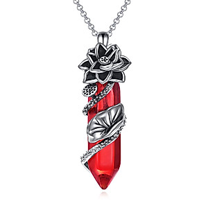 CRMAD Lotus July Flower Necklace for Women Sterling Silver Red Quartz Healing Stone Crystal Jewelry Mothers Day Birthday Gifts for Mom (07-July)