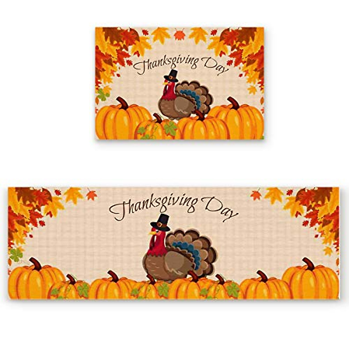 YOKOU Thanksgiving Kitchen Rugs, Day Fall Cartoon Turkey Pumpkin Maple Leaf Orange Non Slip Low Profile Runner Rug Mat for Floor, Kitchen, Bedside, Sink, Office, Laundry, Set of 2