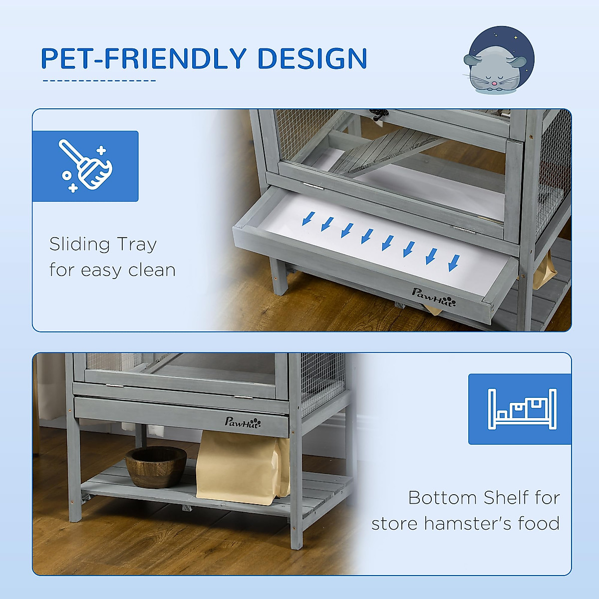 PawHut Wooden Hamster Cage with Storage Shelf, Large Hamster Cage Including Seesaw, Small Animal Cage with Sliding Tray, Wide Ramp for Racing, Running Wheel, 35.5" H