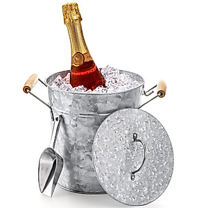 Frcctre Farmhouse 4 Liter Ice Bucket with Lid, Galvanized Metal Beverage Tub with Scoop and Handles, Drink and Wine Chiller for Bar, Party, BBQ, Great for Indoor and Outdoor Use