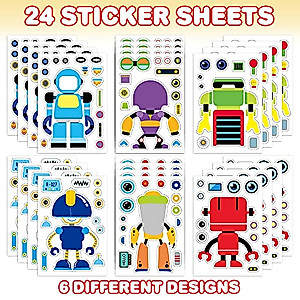 ArtCreativity Make Your Own Robot Character Sticker Assortment, Set of 24 Sheets, Unique Arts ‘n Crafts Activity Supplies Kit for Kids, Sticker Prize, Fun Birthday Party Favor, Goodie Bag Filler