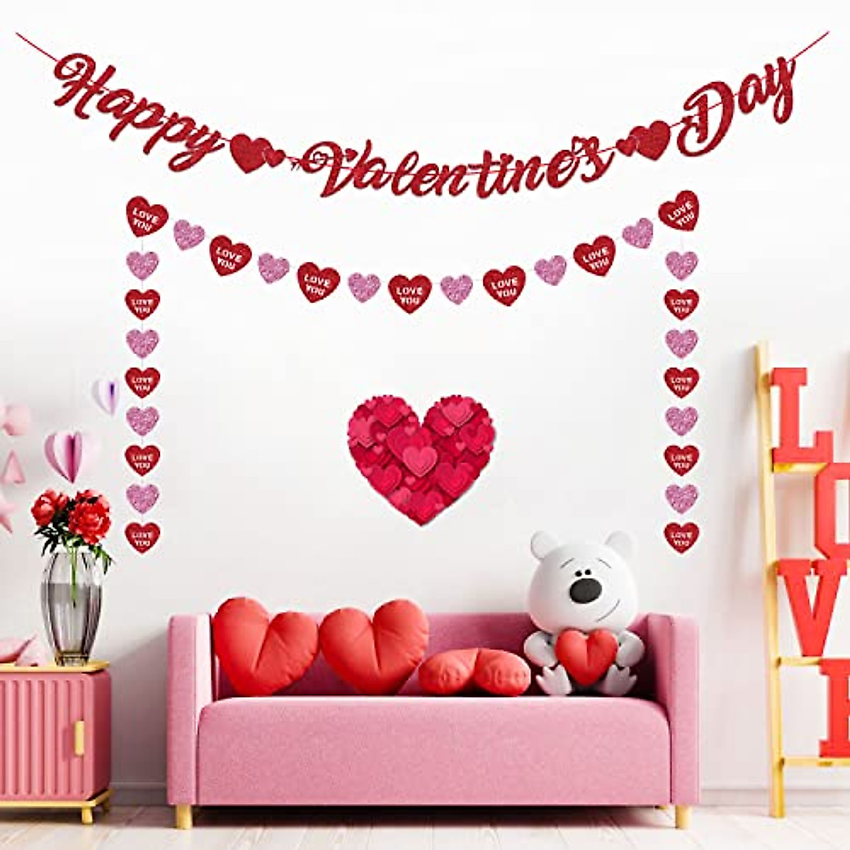 MAGICMAI Valentines Day Decoration - Happy Decor Heart Banner | Valentine Party Decorations Garland for Anniversary Wedding Supplies (Red Glitter)