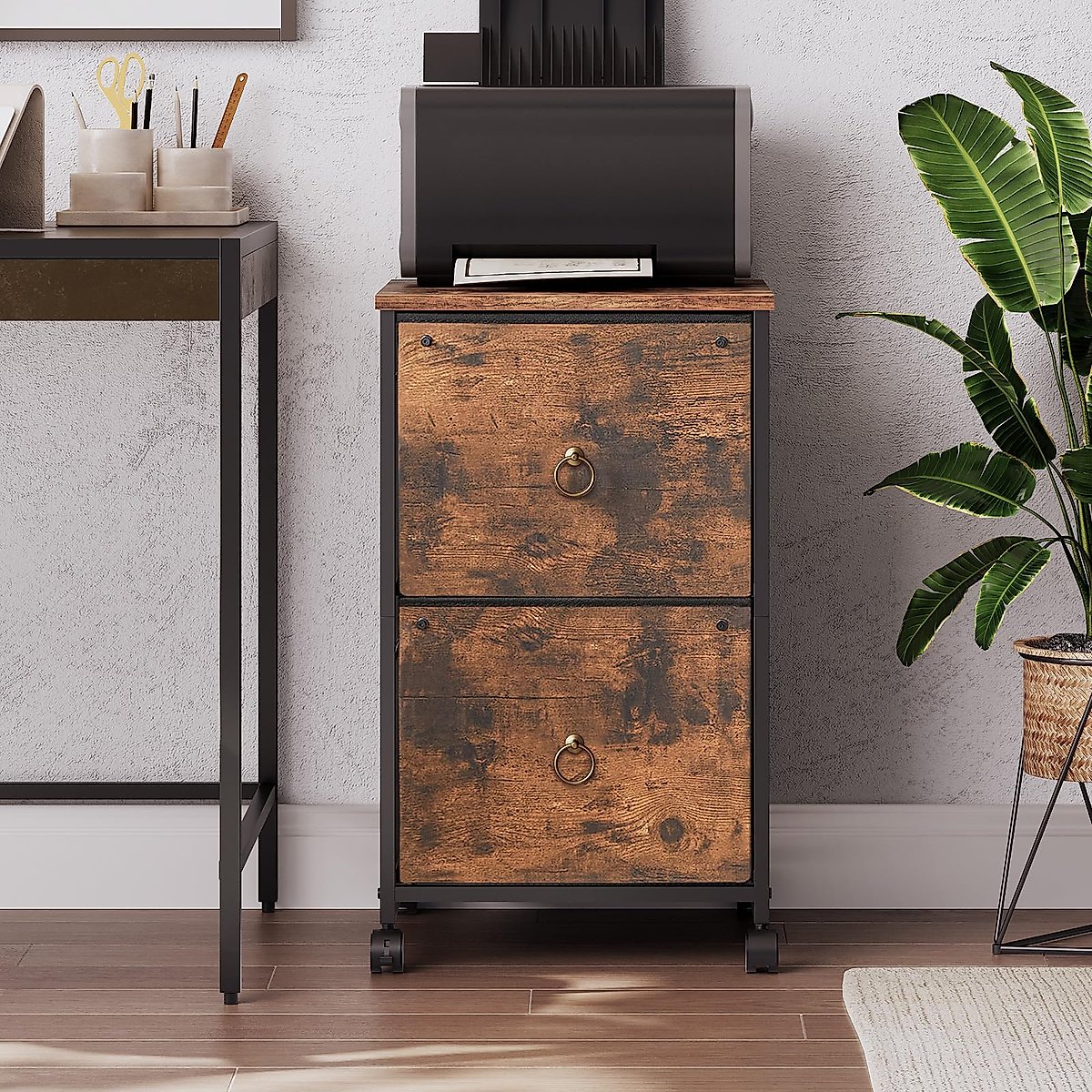 HOOBRO 2 Drawer Mobile File Cabinet, Rolling Printer Stand, Vertical Filing Cabinet, Office Cabinet, Filing Cabinet for Home Office, A4/Letter Size, Nonwovens Drawer, Rustic Brown BF20WJ01