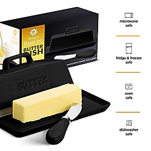 Ceramic Butter Dish Set with Lid and Knife - [Black]- Decorative Butter Stick Holder with Handle for 1 Stick of Butter - Microwave Safe, Dishwasher Safe - Anti-Scratch Stickers Included.