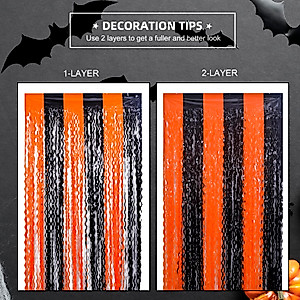 Mega-L Halloween Foil Fringe Curtains, 3 Pack Orange Black Photo Booth Props, 18 Pcs PVC Bat and Spider Stickers Decals Wall Decor Halloween Photo Backdrop for Halloween Party Decoration