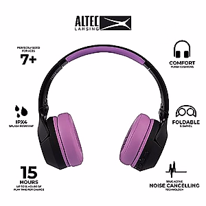 Altec Lansing Kid Safe Noise Cancelling Wireless Headphones 15H Battery, 85dB Volume Limit, Foldable Design Powerful Sound, Active Noise Cancellation Perfect for Kids Ages 7+ (Blackout Purple)