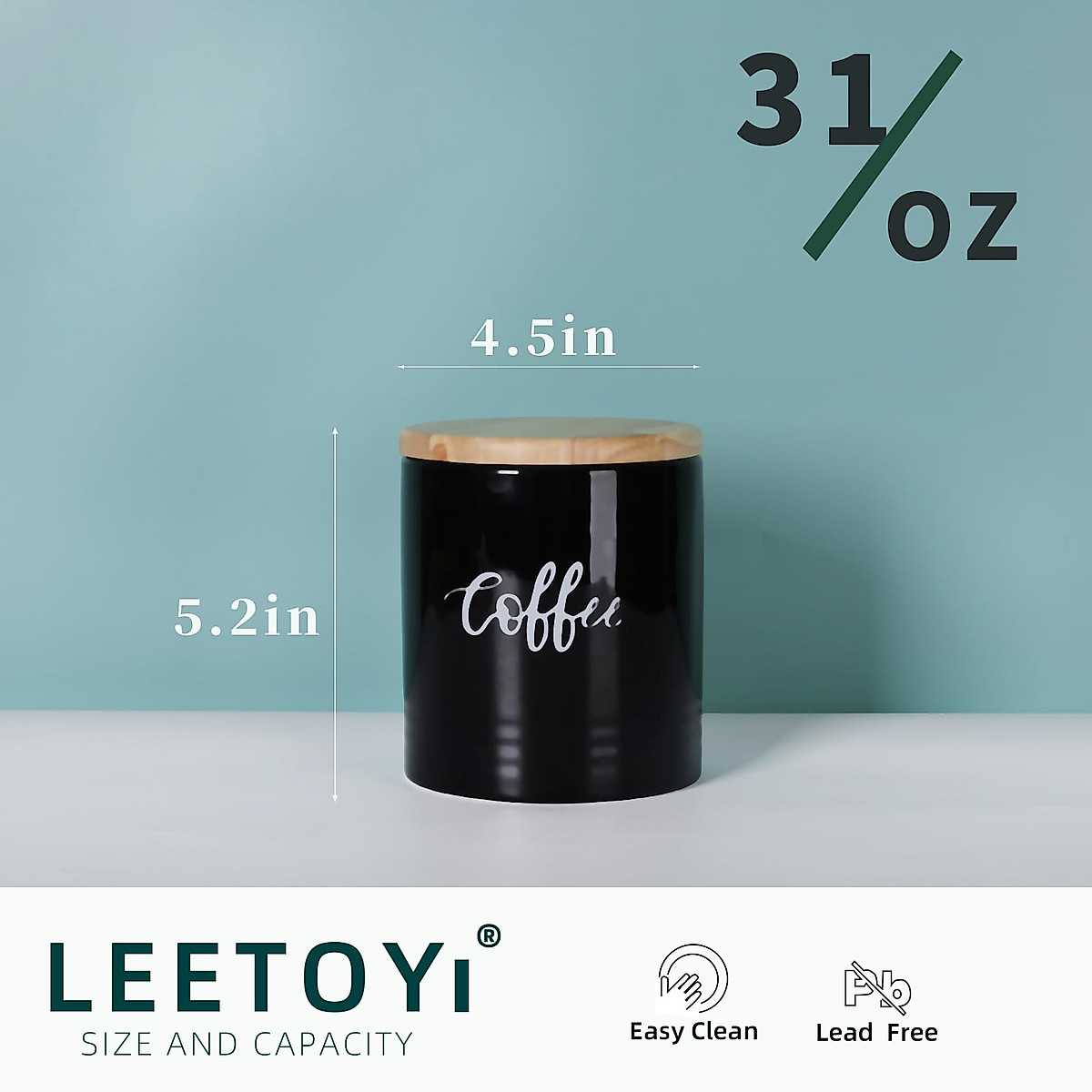 LEETOYI Porcelain Food Storage Containers with Lid, 4.5 Inch 31oz, Black Labeled Coffee