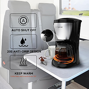 avigator 5-cup Car Coffee Maker with Car Charging Cigarette Lighter, 12V Travel Coffee Maker with Fast Heating, Glass Carafe, Compatible with Ground Coffee for Driving RV (Silver Black)