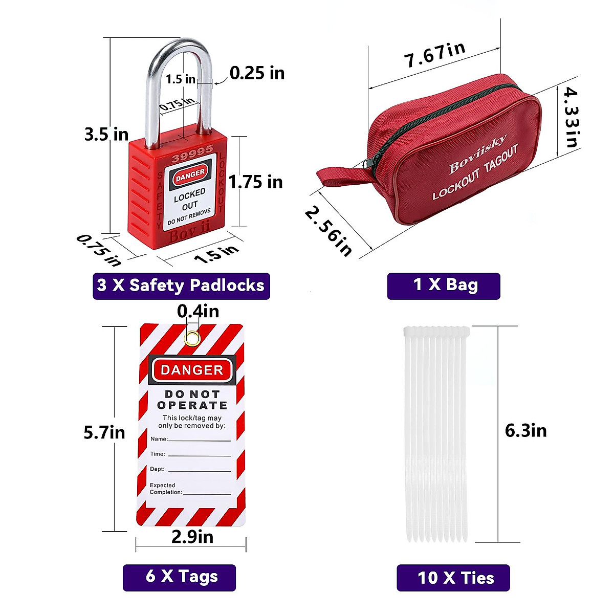 Boviisky Lockout Tagout Kit with Red Safety Padlocks, Hasps Set, Loto Tags, Bag, Electrical Lock Out Tag Out Kits, Keyed Different, 2 Keys Per Locks